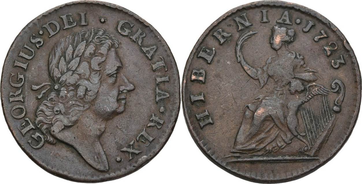 Ireland 1/2 Penny 1723 Georg I. 1714-1727 kl. Randfehler, ss+ | MA-Shops