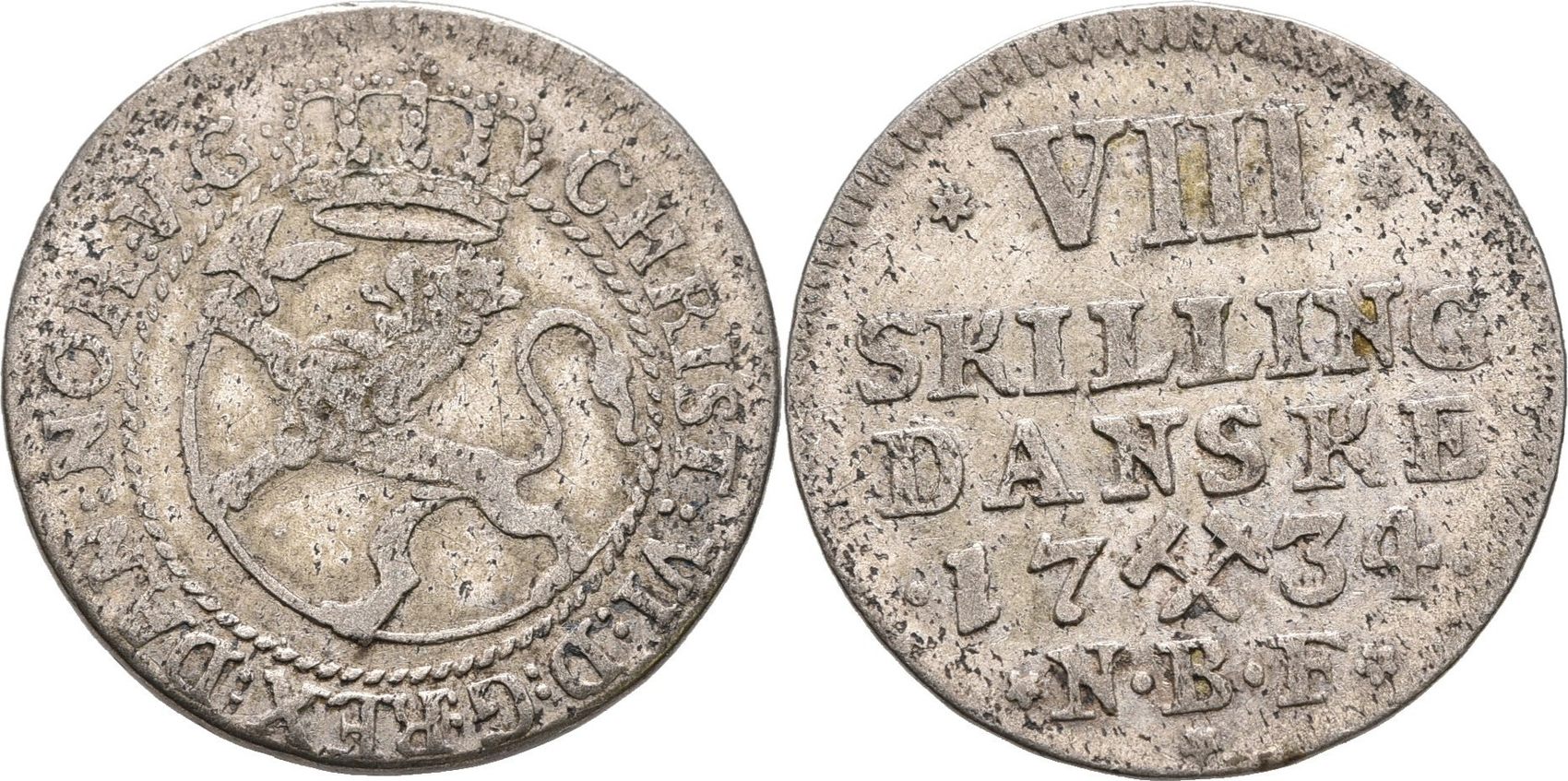Norwegen VIII Skilling 1734 Christian VI. von Dänemark, 1730-1746 ss ...
