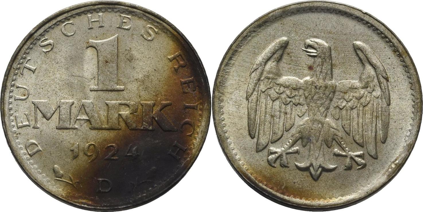 Deutsches Reich 1 Mark 1924 D fleckig, sonst vz | MA-Shops