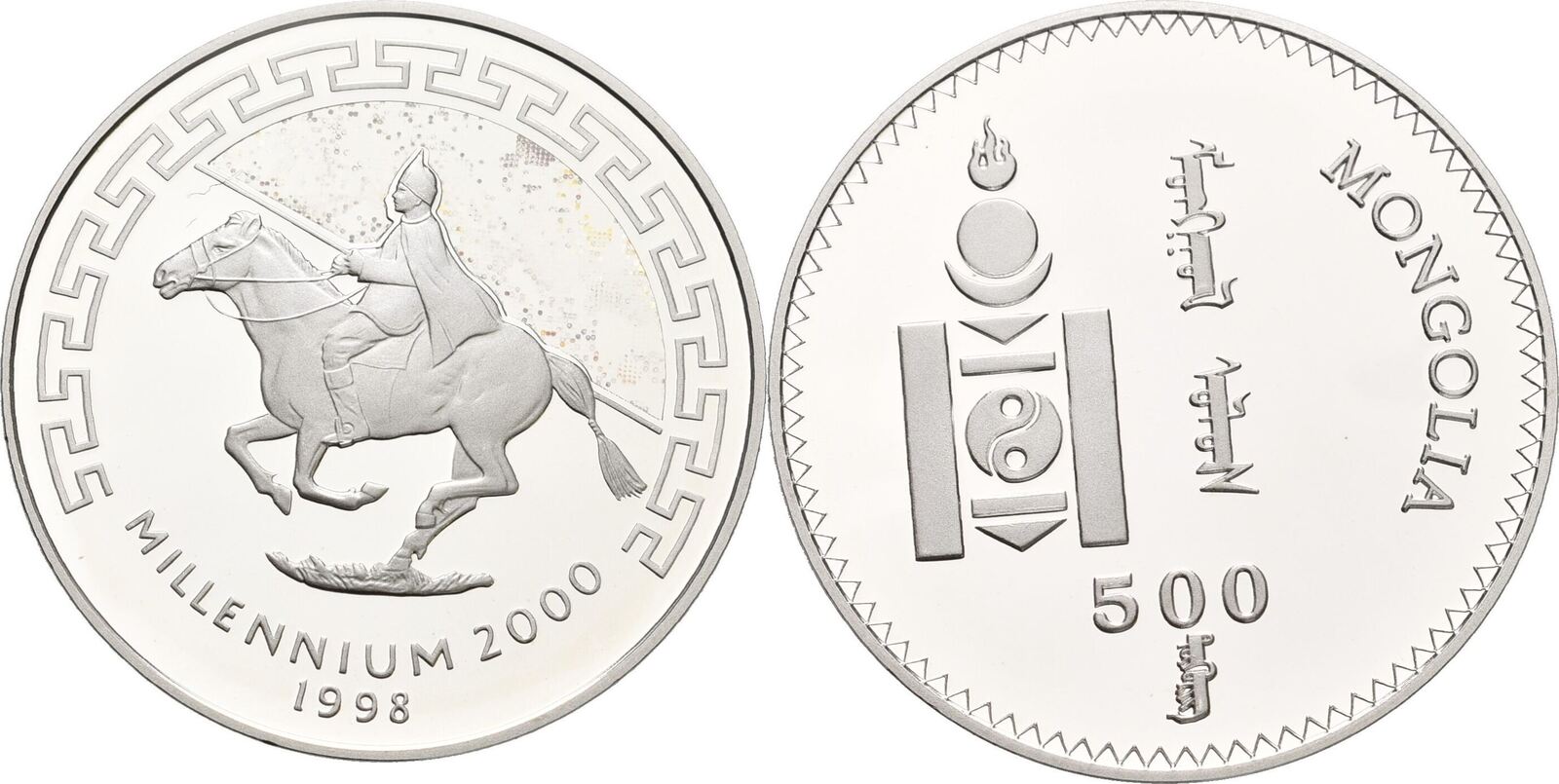 Mongolia 500 Tugrik 1998 Millenium offen, Kontaktmarken, polierte ...