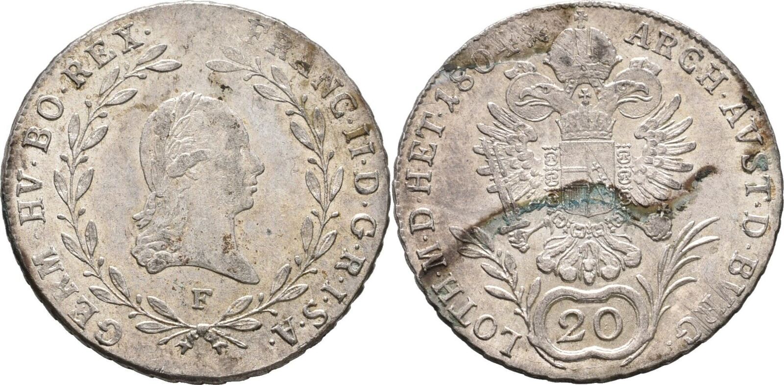 RDR Tirol Hall 20 Kreuzer 1804 Franz II./I., 1792-1835 Justiert,Flecken, vz/vz+ | MA-Shops