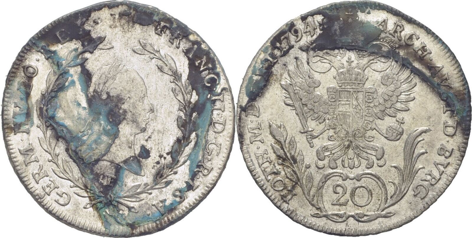 RDR Tirol Hall 20 Kreuzer 1794 F Franz II./I., 1792-1835 fleckig, ss | MA-Shops