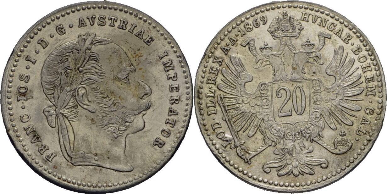 Österreich Ungarn 20 Kreuzer 1869 Franz Joseph, 1848-1916 Materialfehler, Randfehler, ss | MA-Shops