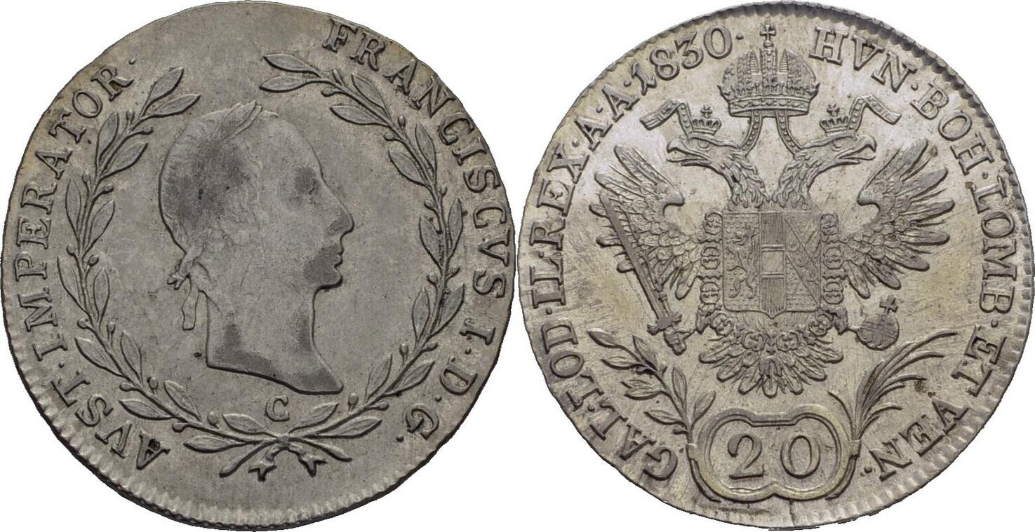 RDR Böhmen Prag 20 Kreuzer 1830 Franz II. / I., 1792-1835. f.ss | MA-Shops