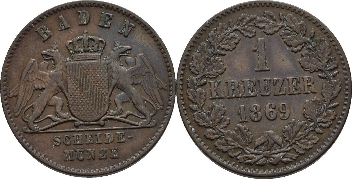 Baden 1 Kreuzer 1869 FRIEDRICH I, 1856-1907. ss | MA-Shops