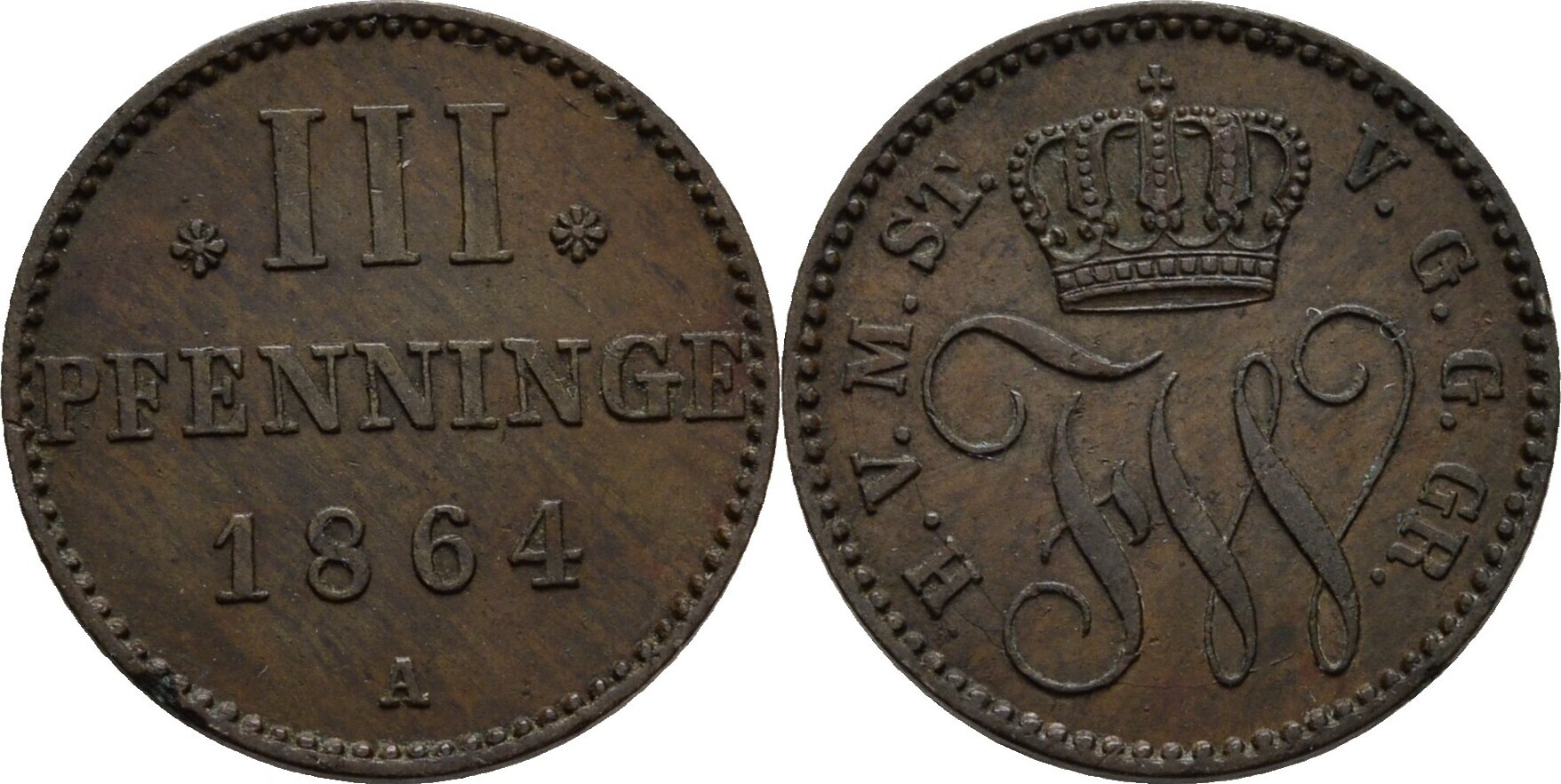 Mecklenburg Strelitz 3 Pfennig 1864 Friedrich Wilhelm 1860-1904 ss | MA ...