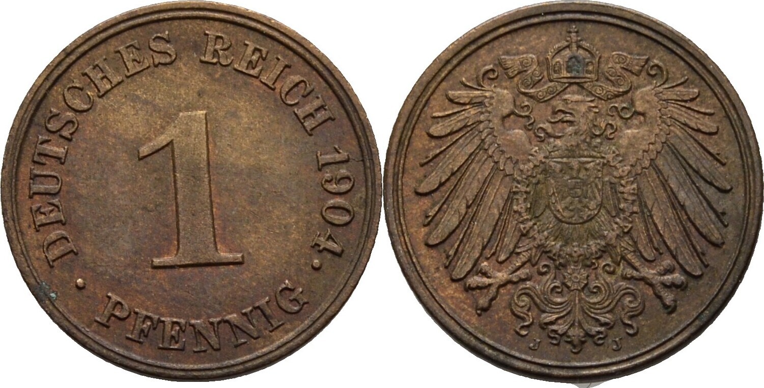 Deutsches Reich 1 Pfennig 1904 J fleckig, sonst fast vz | MA-Shops