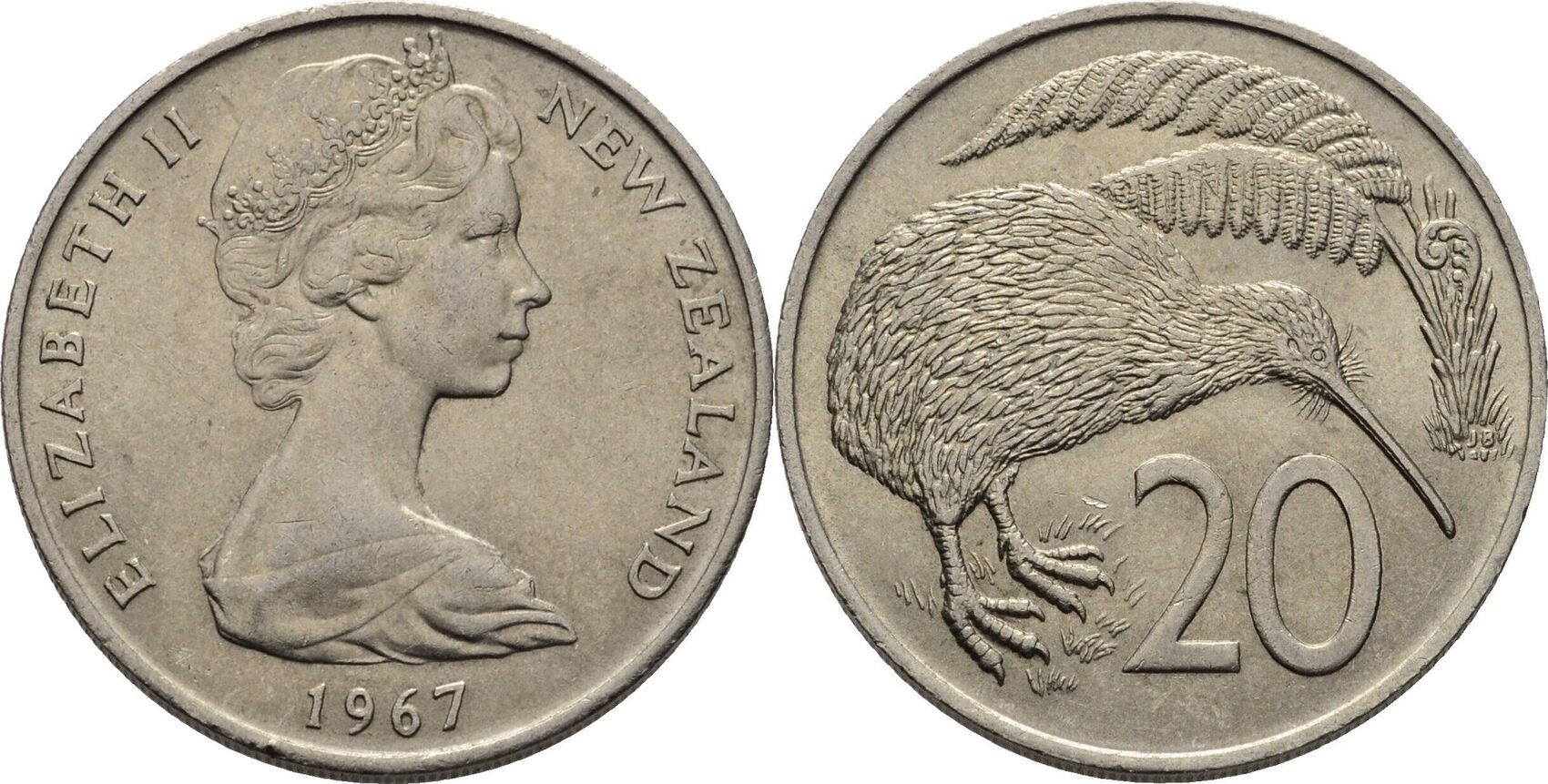 Neuseeland New Zealand 20 Cents 1967 Elizabeth II. kl. Kratzer, vz | MA-Shops