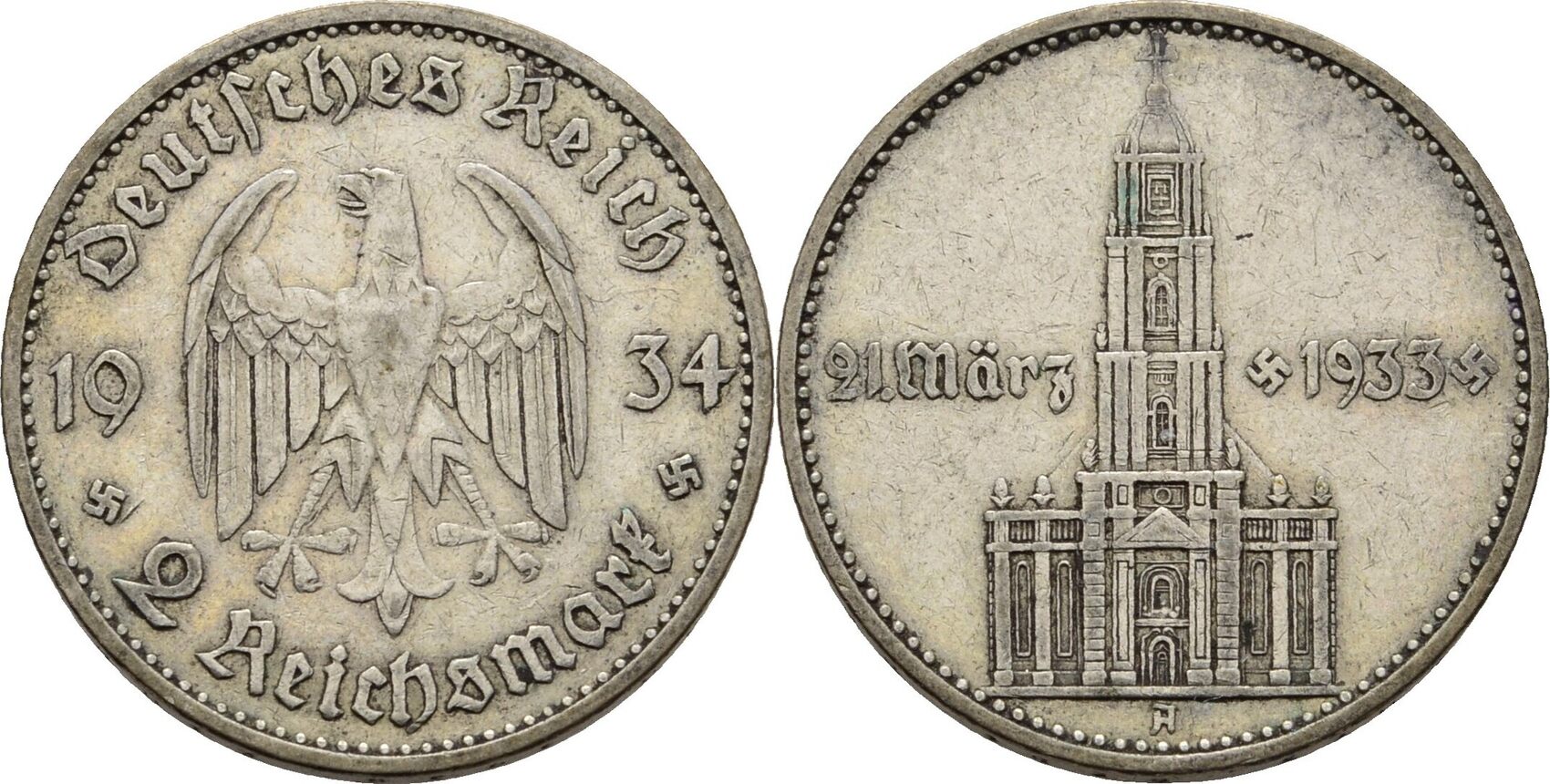 Deutsches Reich 2 Reichsmark 1934 Garnisonskirche mit Datum ss | MA-Shops