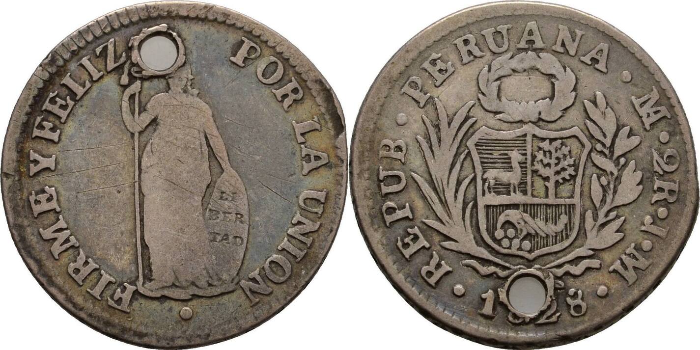 Peru Lima 2 Reales 1828 gelocht, ss | MA-Shops
