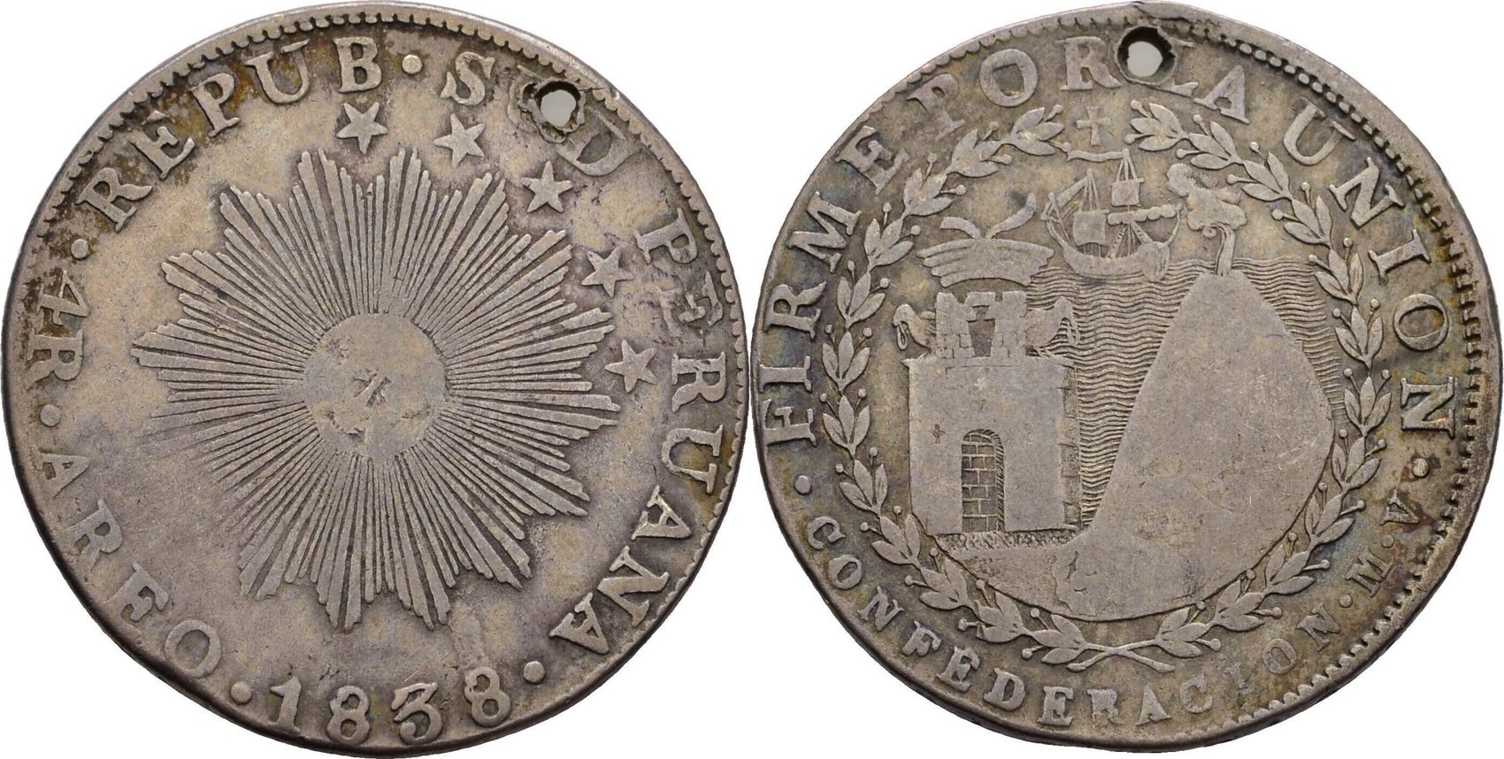 Peru Süd Arequipa 4 Reales 1838 gelocht, f.ss | MA-Shops
