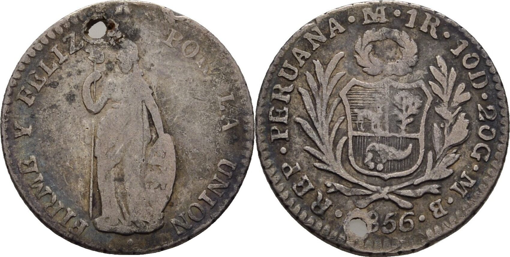 Peru Lima 1 Real 1856 gelocht, f.ss | MA-Shops