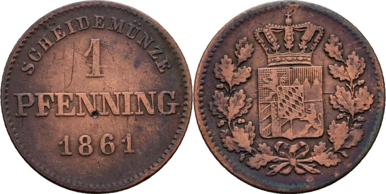 Bayern München 1 Pfennig 1861 Maximilian II. Joseph, 1848-1864 ss | MA ...