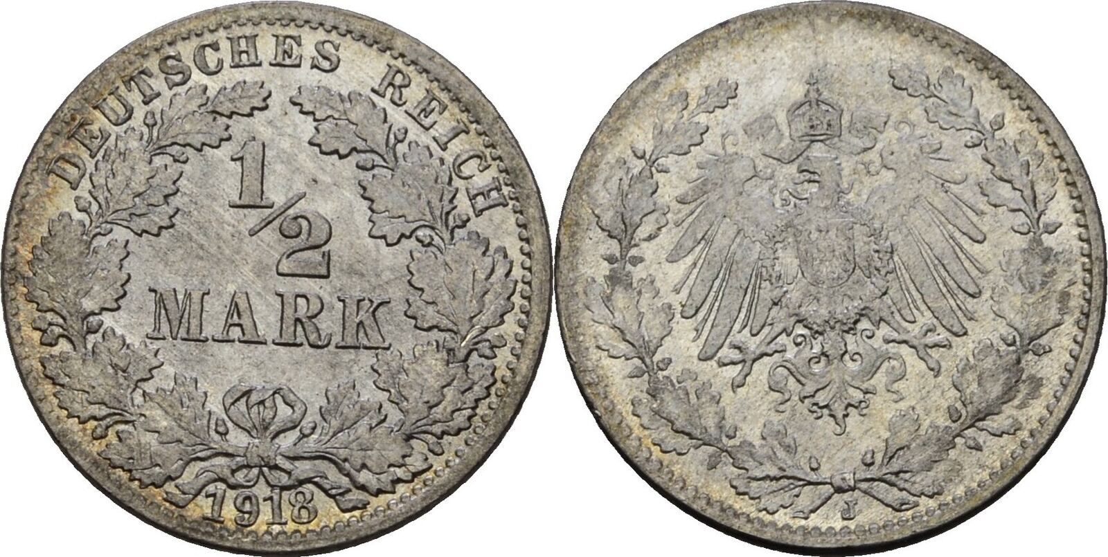 Deutsches Reich 1/2 Mark 1918 J Prägeschwächen, vz+ | MA-Shops