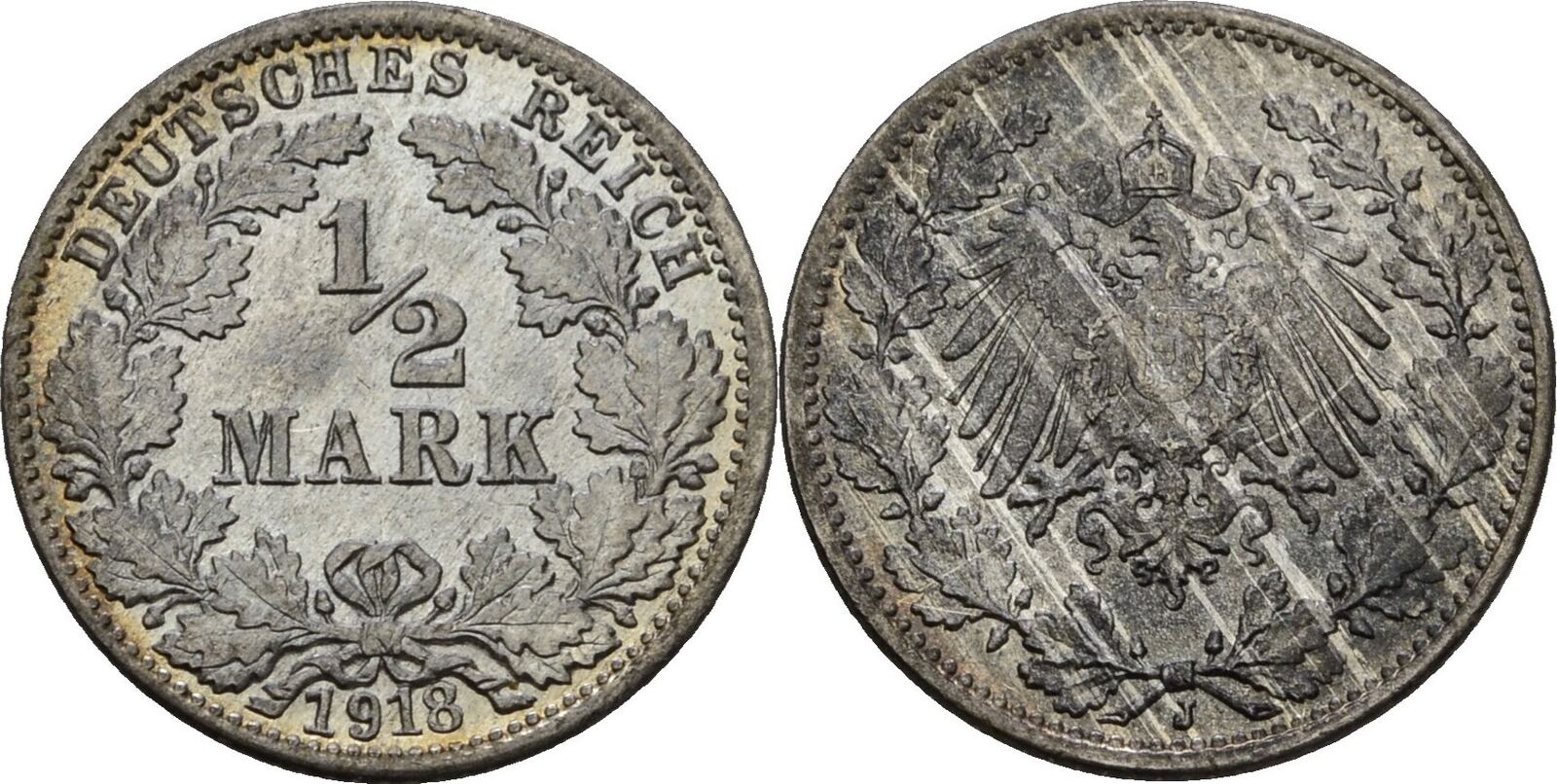 Deutsches Reich 1/2 Mark 1918 J prägefrisch | MA-Shops