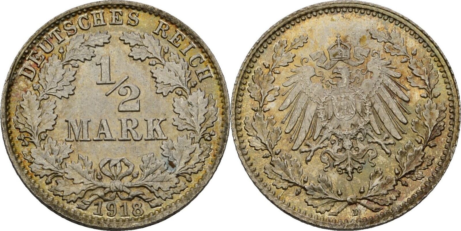 Deutsches Reich 1/2 Mark 1918 D Prägeschwächen, vz+ | MA-Shops