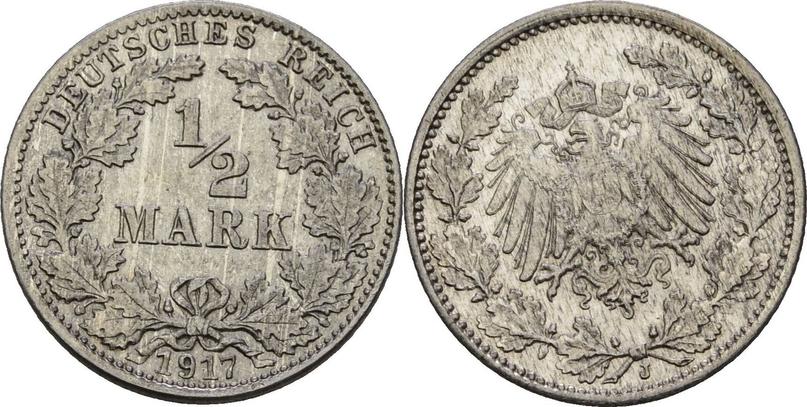 Deutsches Reich 1/2 Mark 1917 J Prägeschwächen, vz+ | MA-Shops