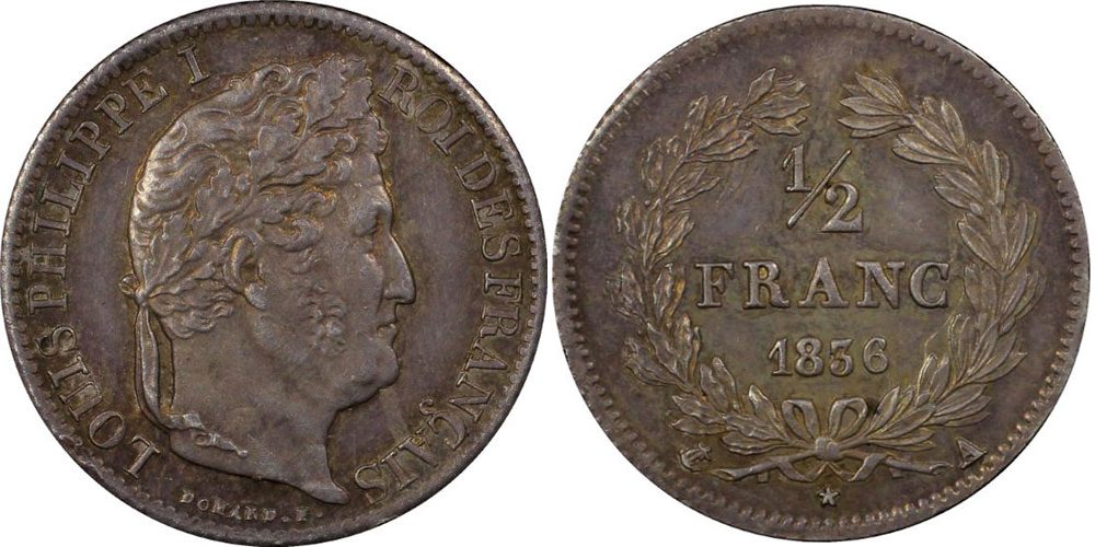 Münzen 1/2 Franc 1836 A G.408 Louis-Philippe I (Paris) PCGS-MS61 SUP/FDC vz / st | MA-Shops