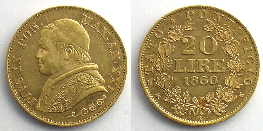 Ausländische Münzen 20 Lire 1846-1878 Vatikan Pie IX 1866-XXI R TTB+/SUP ss+ / vz | MA-Shops