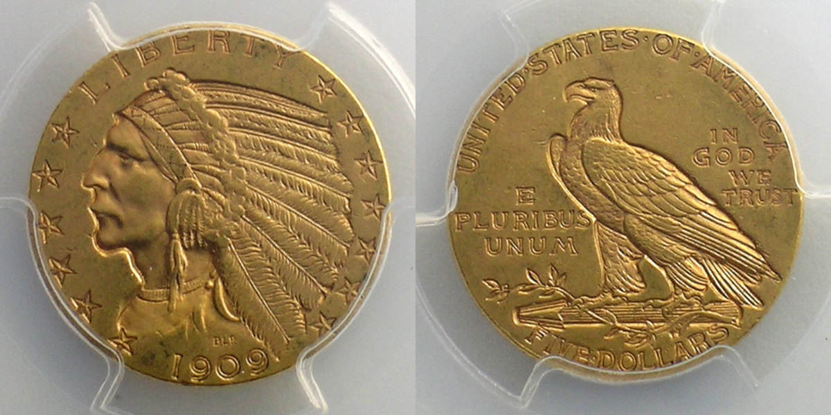 Ausländische Münzen 5 Dollars Vereinigte Staaten von Amerika tête d'Indien 1909 PCGS-MS61 SUP ...