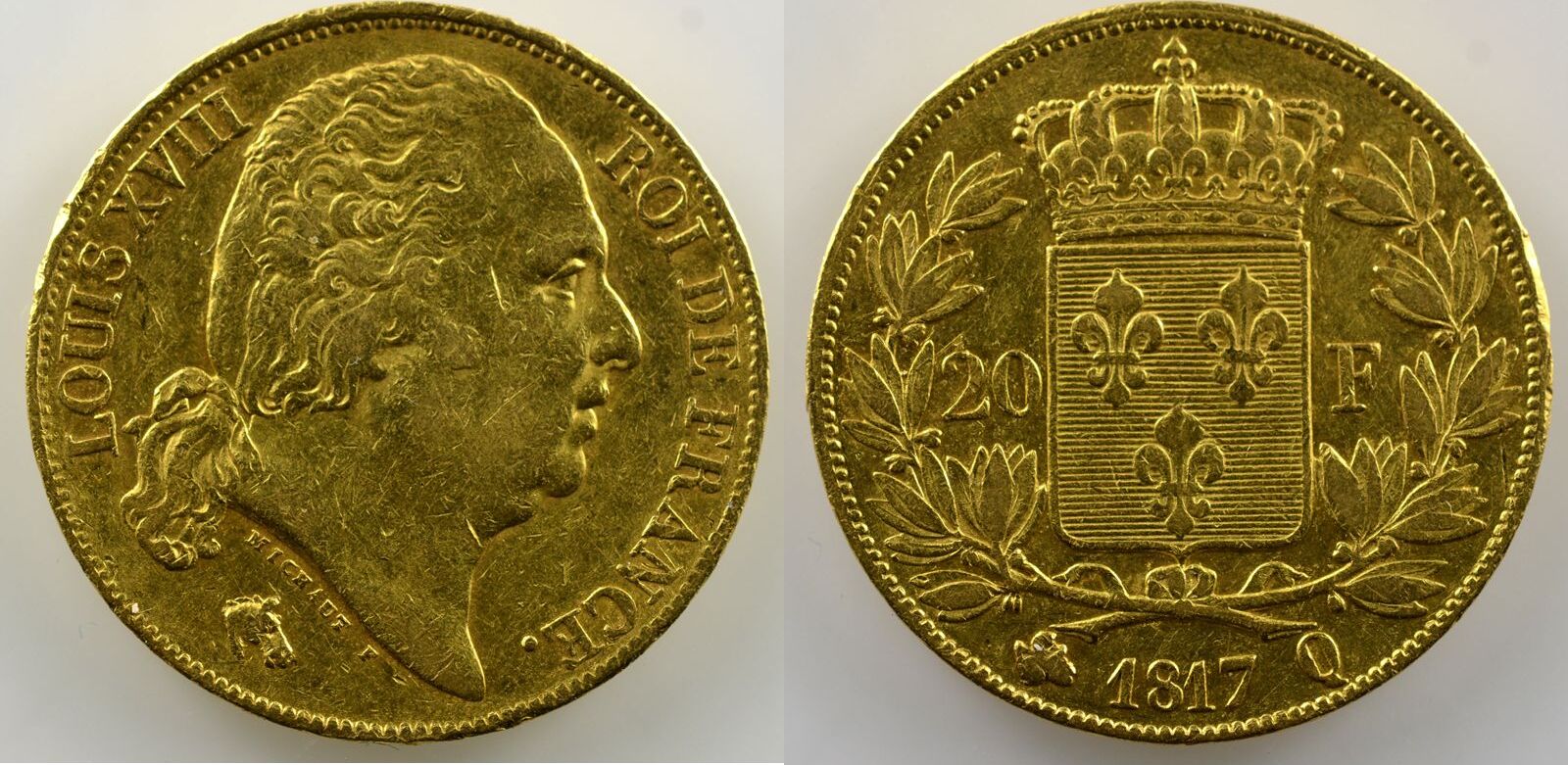 Französischen gold Münzen 20 Francs 1817 Q G.1028 Louis XVIII buste nu (Perpignan) TB+/TTB s+ ...
