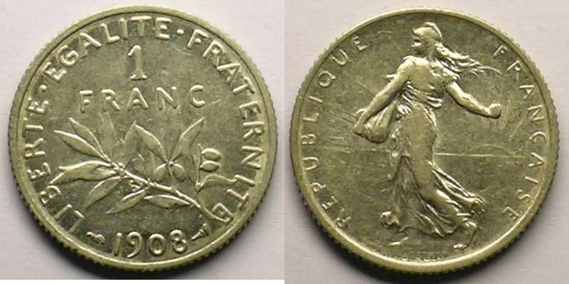 Münzen 1 Franc 1908 G.467 Semeuse TTB+ ss+ | MA-Shops