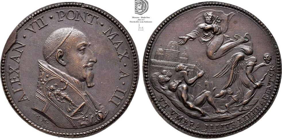 ITALIEN AE-Medaille 1655 Vatikan ALEXANDER VII. Rom Pest Gaspare Mola f ...