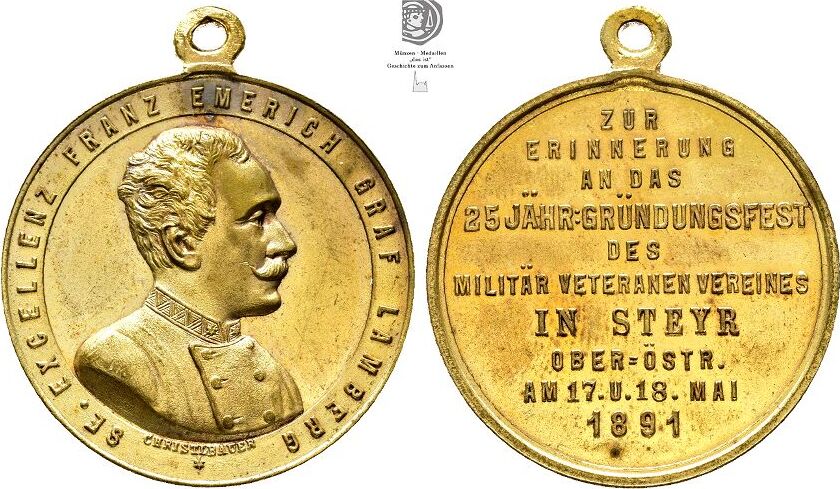 ÖSTERREICH Vergoldete AE-Medaille 1891 STEYR Militär Veteranen Verein ...
