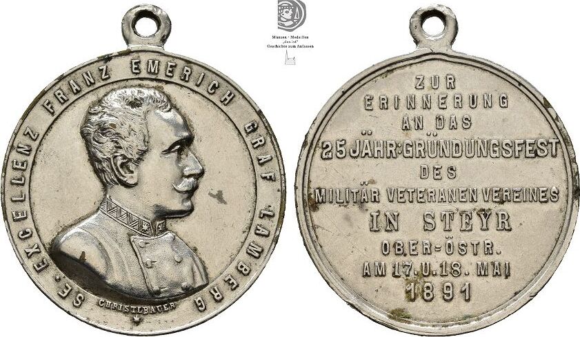 ÖSTERREICH Versilberte AE-Medaille 1891 STEYR Militär Veteranen Verein ...