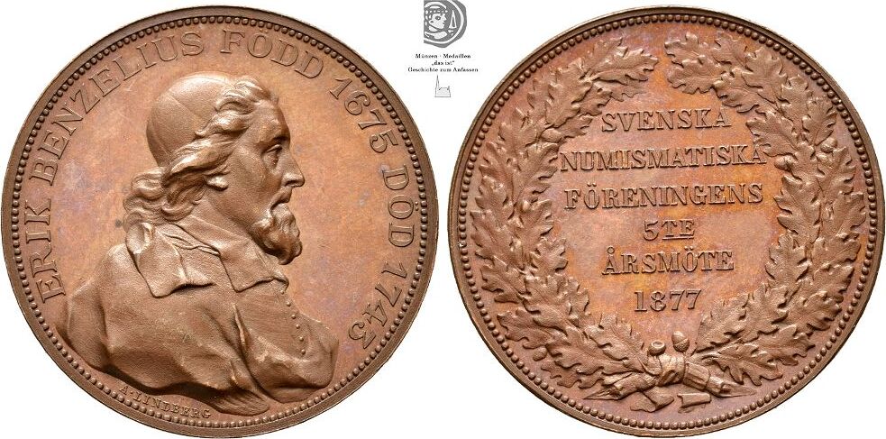 SCHWEDEN AE-Medaille 1877 SNG Numismatische Gesellschaft Erik BENZELIUS ...