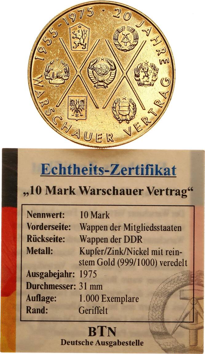 Deutschland DDR 10 Mark 1975 Warschauer Vertrag prägefrisch, vergoldet | MA-Shops