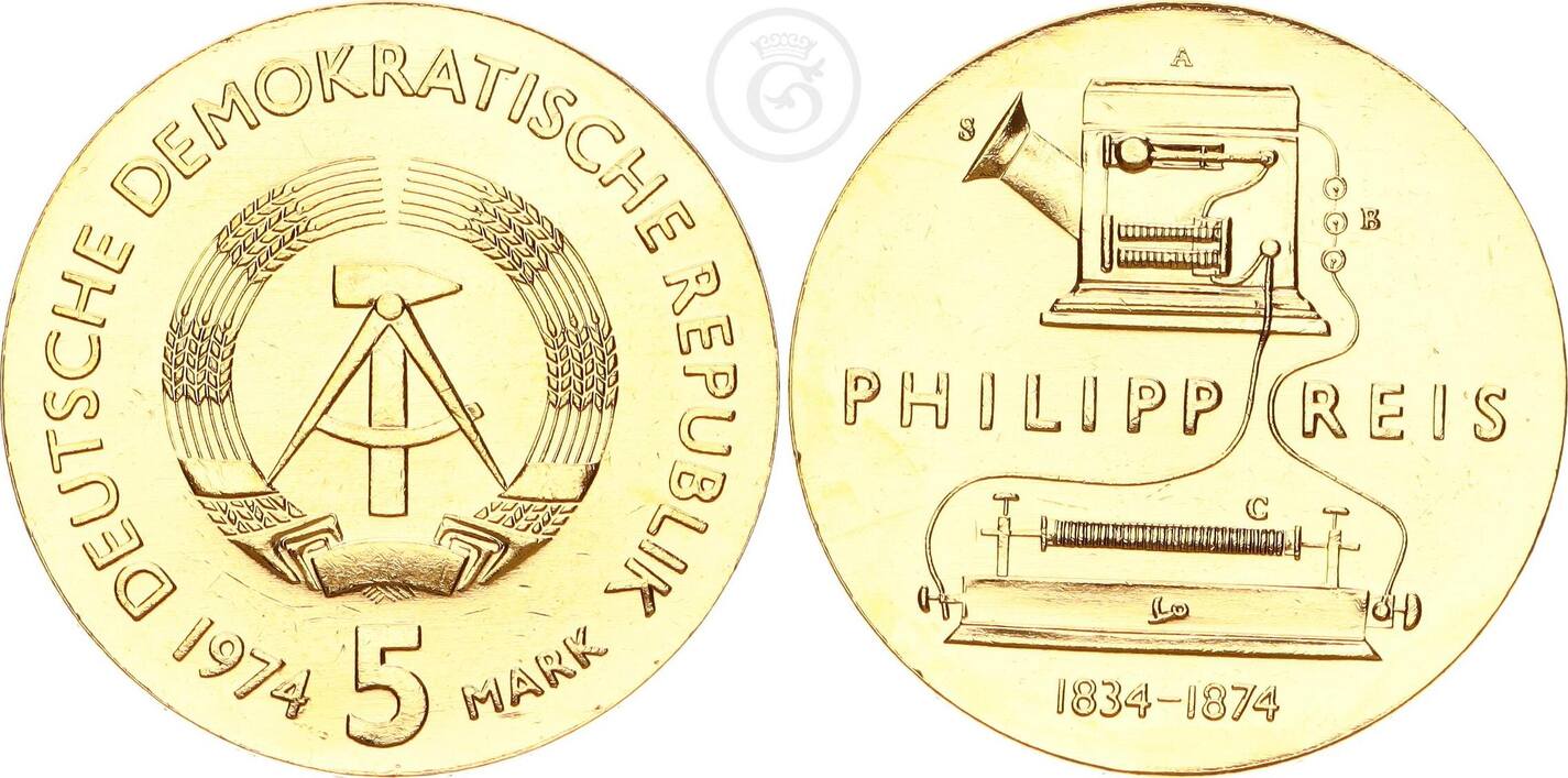Deutschland DDR 5 Mark 1974 Philipp Reis prägefrisch, vergoldet | MA-Shops