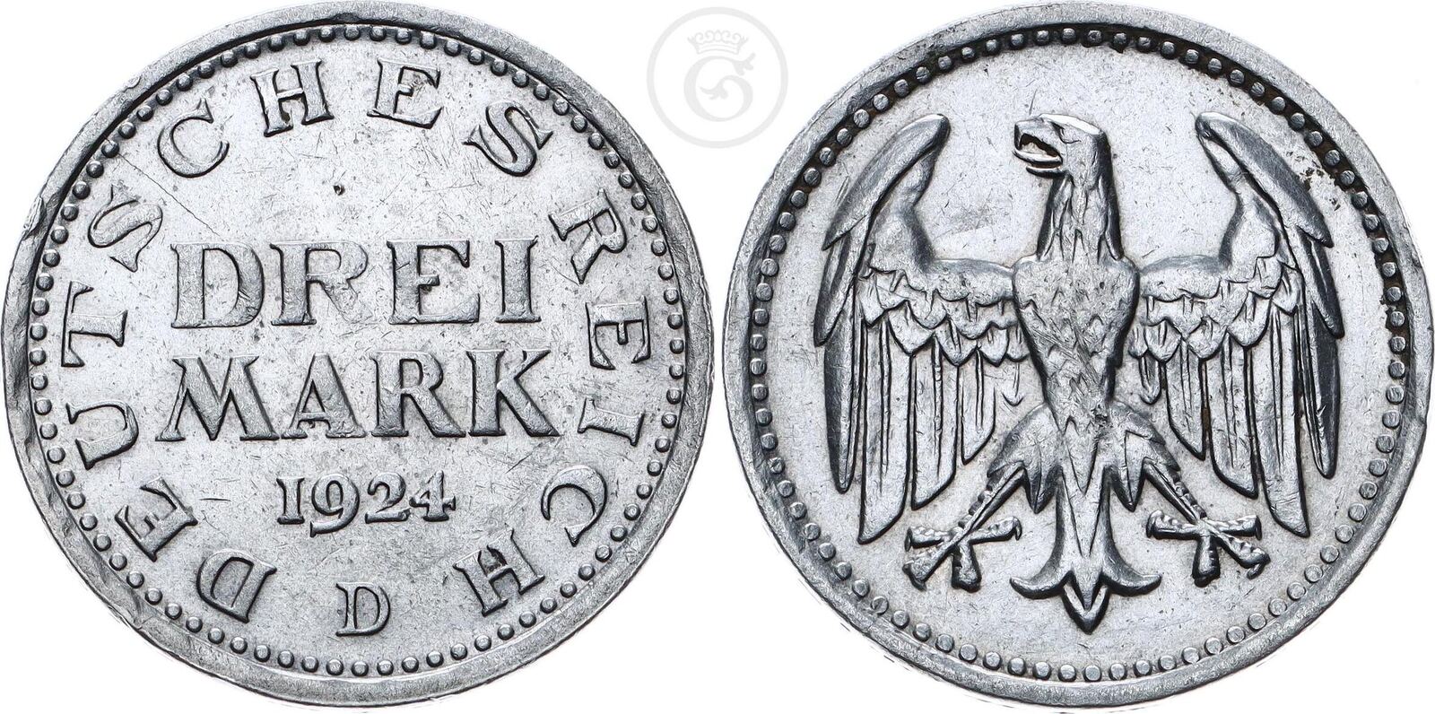 Deutschland - Weimar 3 Mark 1924 D Weimarer Republik - 3 Reichsmark Kursmünze ss-vz, kleine ...