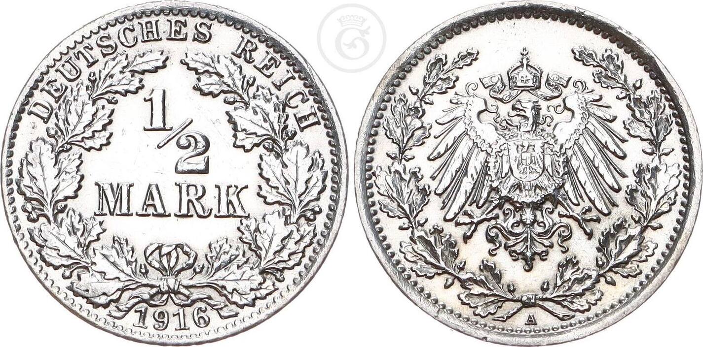 Deutsches Kaiserreich 1/2 Mark 1916 A 1/2 Reichsmark vz-st, geputzt | MA-Shops