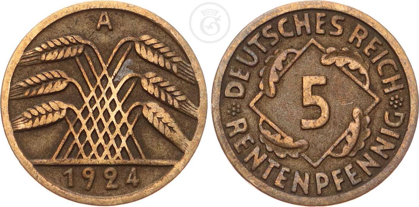Weimarer Republik 5 Rentenpfennig 1924 A Weimar 5 Pfennig ss | MA-Shops