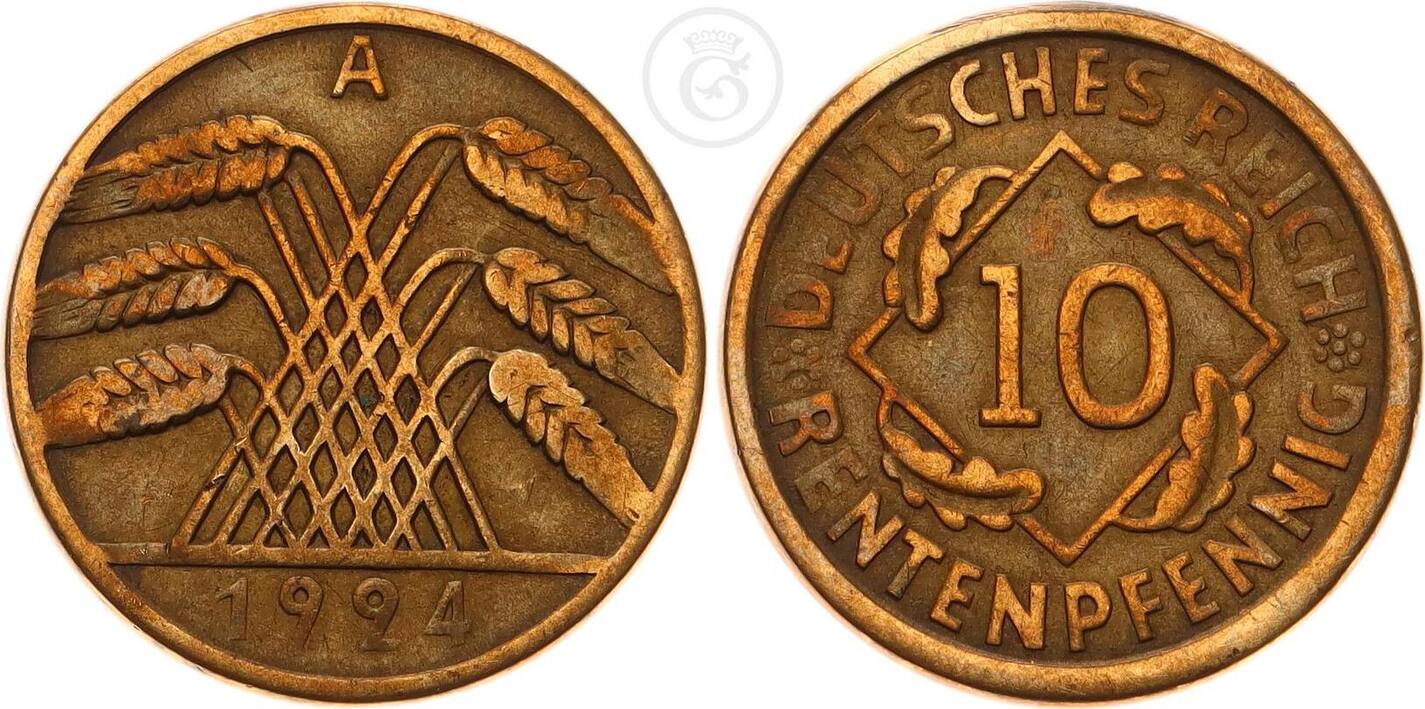 Weimarer Republik 10 Rentenpfennig 1924 A Weimar 10 Pfennig ss | MA-Shops