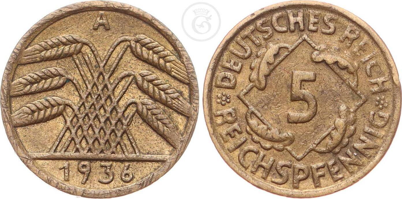 Deutschland - Weimar 5 Pfennig 1936 A Weimarer Republik - 5 Reichspfennig Kursmünze ss | MA-Shops