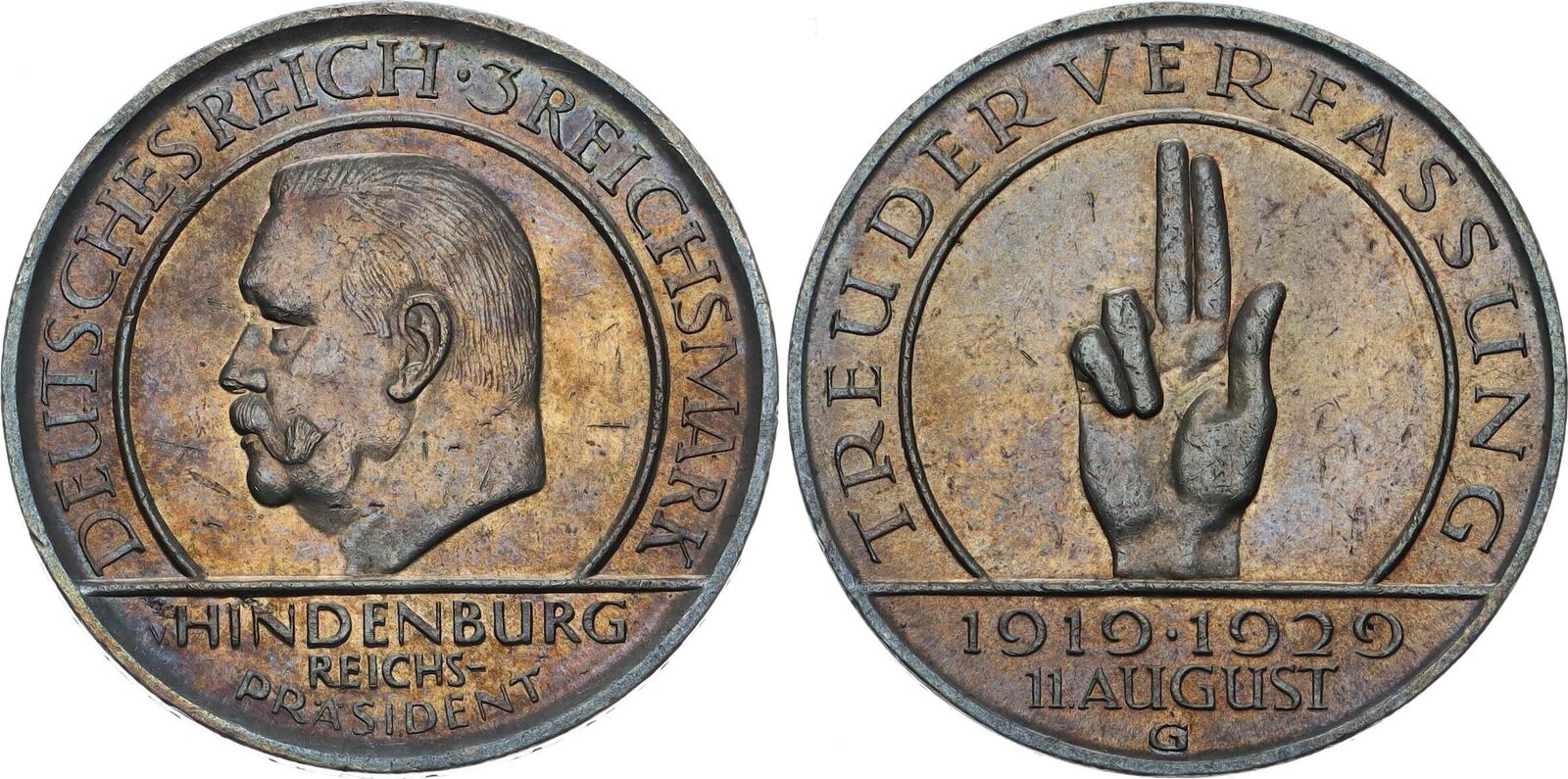 Deutschland - Weimar 3 Mark 1929 G Weimarer Republik - 3 Reichsmark Schwurhand - Hindenburg ...
