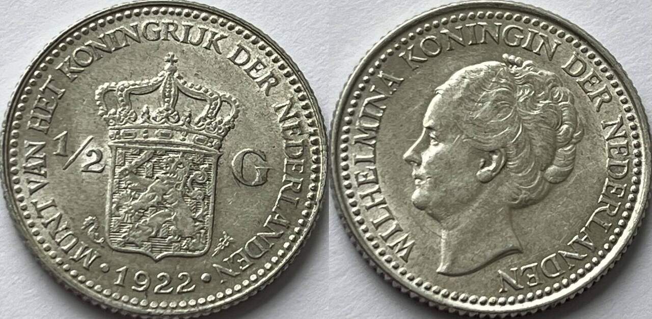 Nederland 1/2e gulden 1922 full original lustre AU | MA-Shops