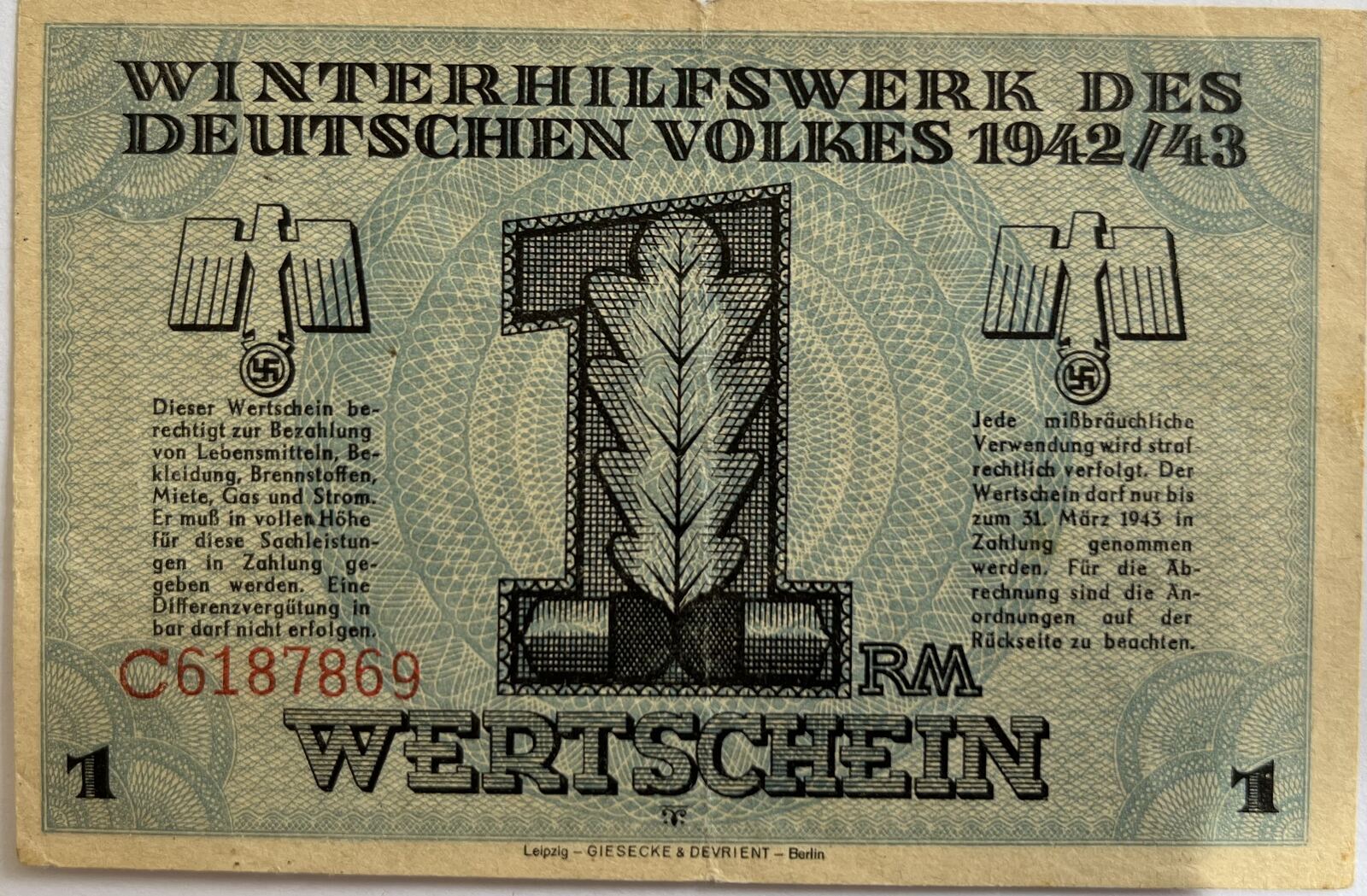 Derde Rijk een reichsmark 1942/1943 winterhilfe SS | MA-Shops