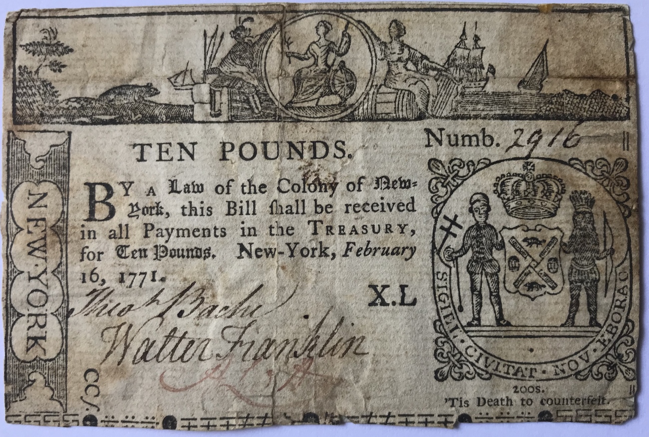 New York (colonial currency) Ten pounds 1771 Handwritten signatures ...