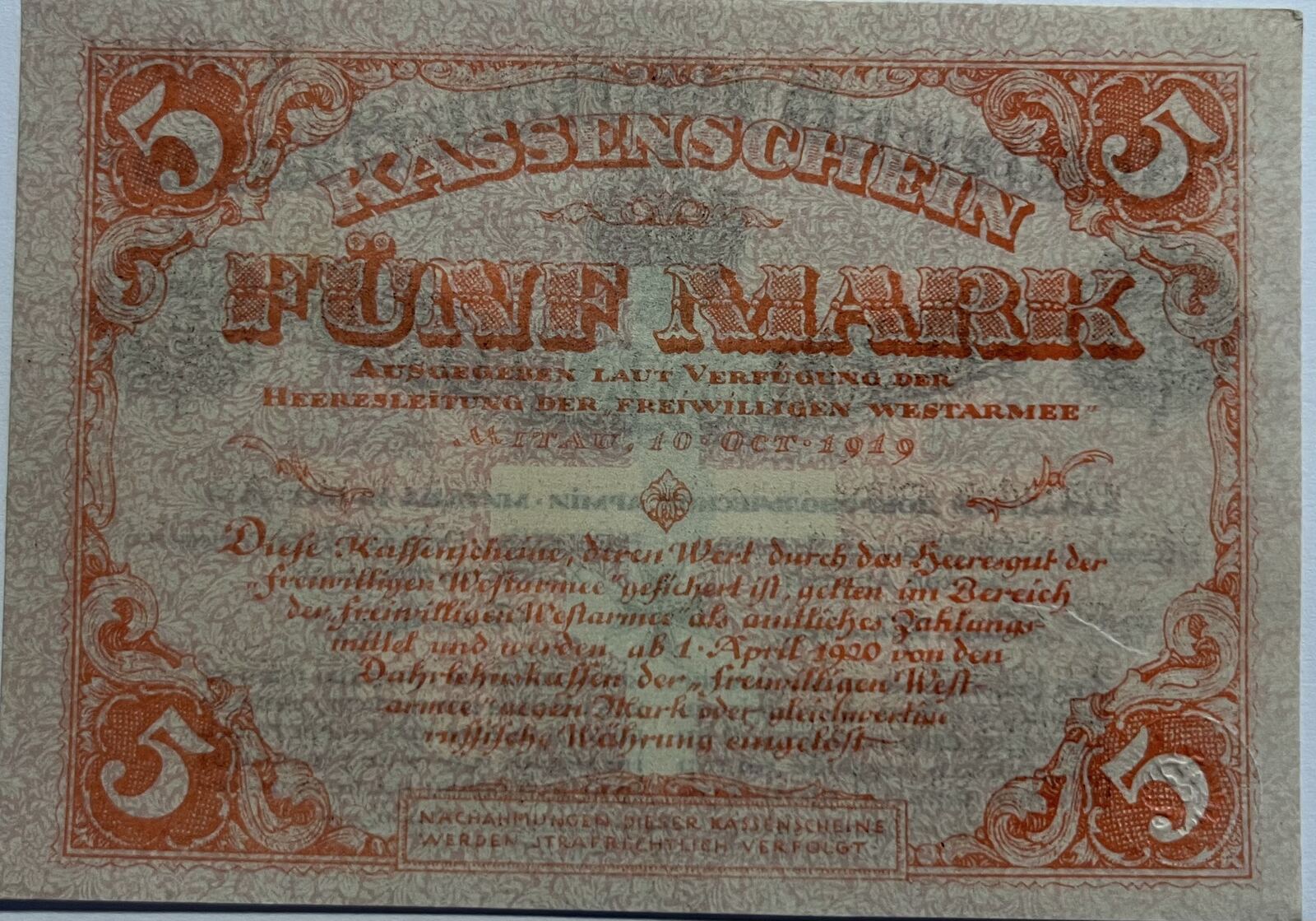 Latvia (Mitau) five mark 1919 AU/UNC | MA-Shops