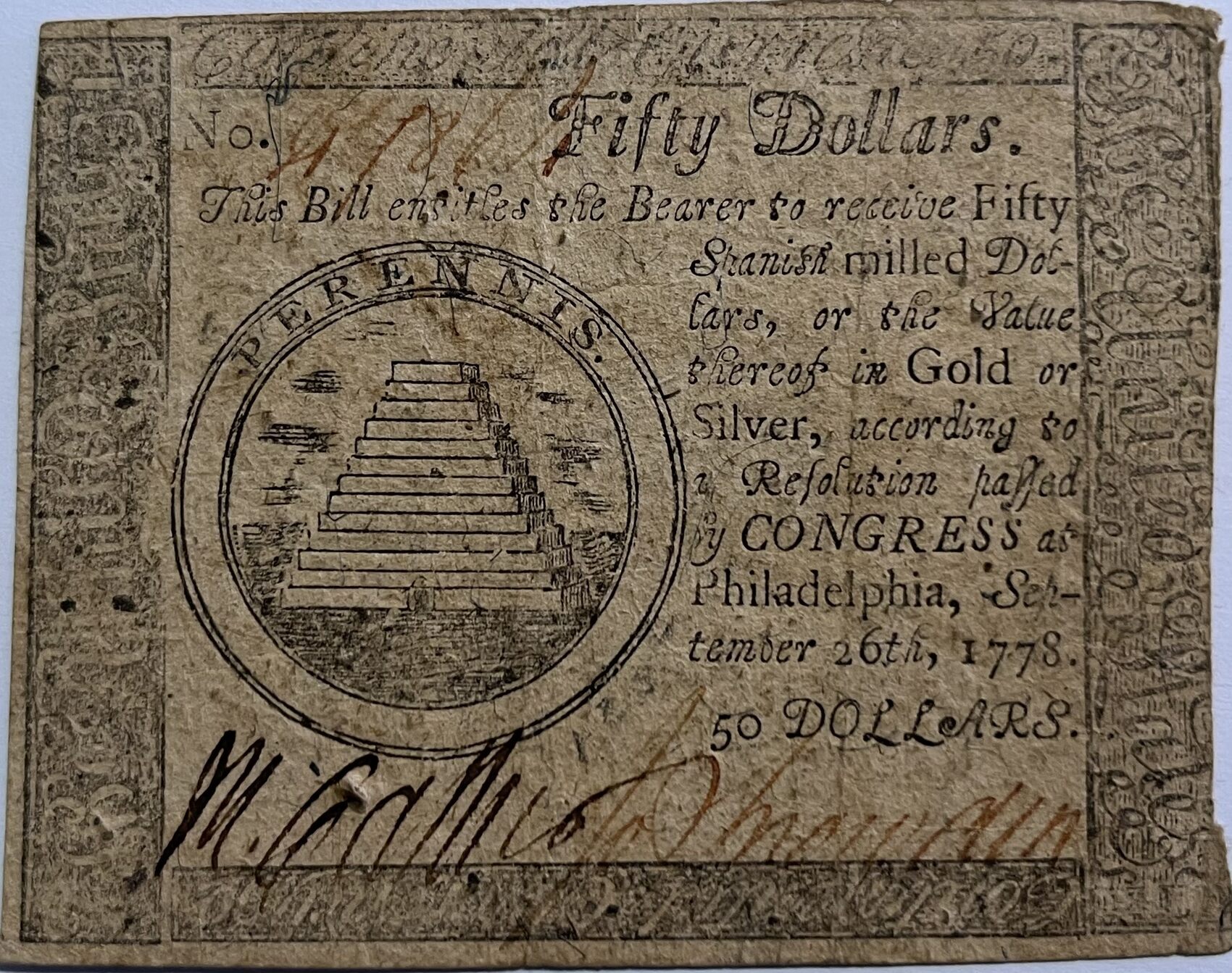 Philadelphia 50 dollar 1778 continental currency SS | MA-Shops