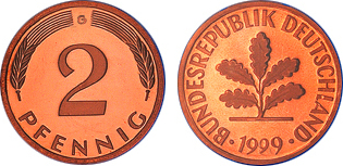 2 Pfennig 1999 Deutschland bankfrisch | MA-Shops