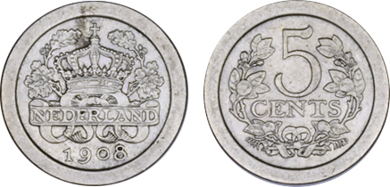 5 Cents 1908 Niederlande sehr schön | MA-Shops