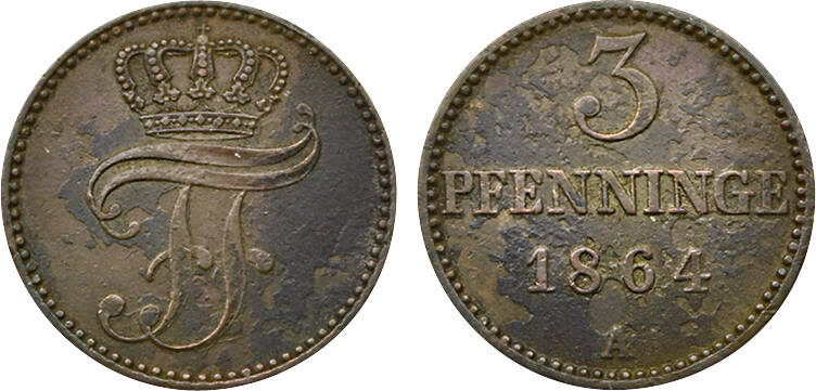 3 Pfennig 1864 Mecklenburg-Schwerin, Herzogtum sehr schön | MA-Shops