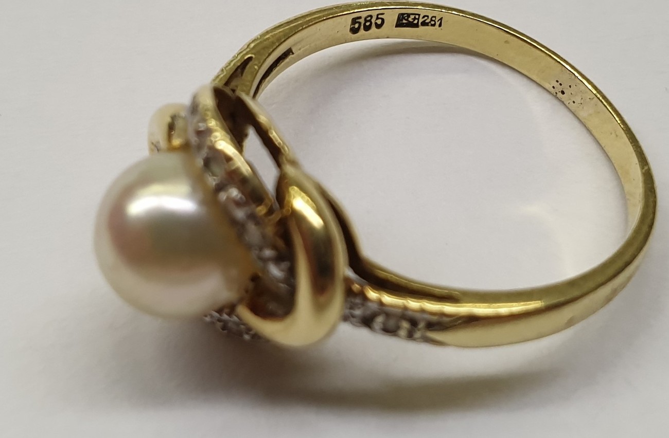 Perlenring Ring Gold 14K 585 er Gold Goldring Gelbgold mit Diamanten | MA-Shops