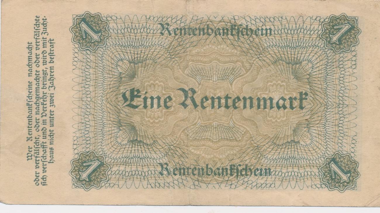Deutsche Rentenbank Eine Rentenmark 1923 Rentenbankschein KN 8stellig ...