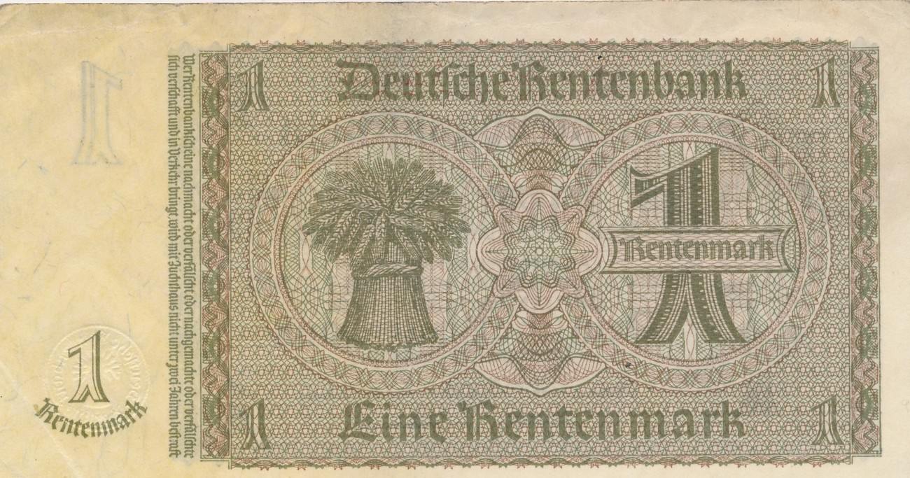 Deutsche Rentenbank 1 Rentenmark 1937 Rentenbankschein KN 7stellig rot ...
