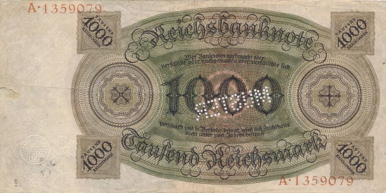 Deutsche Reichsbank 1000 Reichsmark 1924-1945 Muster Schein, Serie A ...